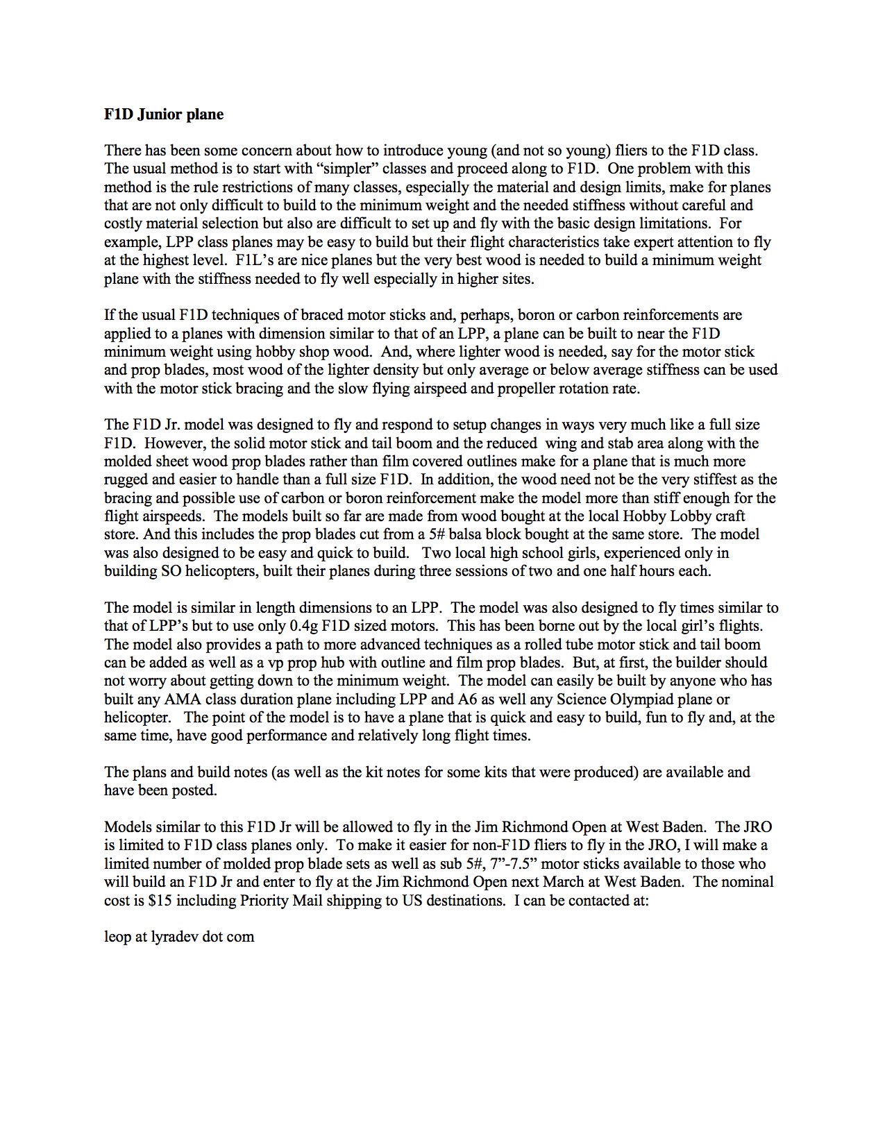 F1D Junior Plane | Indoor News and Views